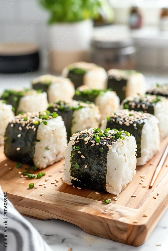 Traditional onigiri rice balls neatly arranged on a wooden platter ...