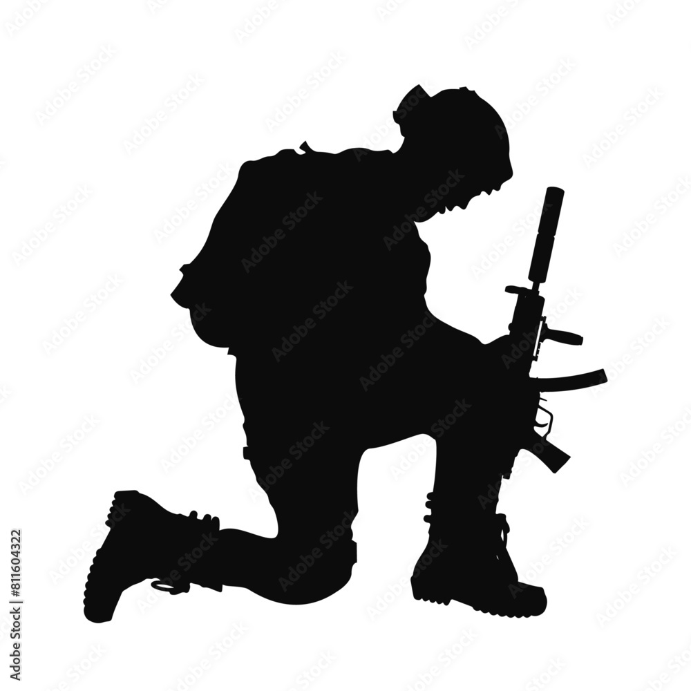 Soldier Kneeling Silhouette Vector and Clipart. Military Soldier with ...