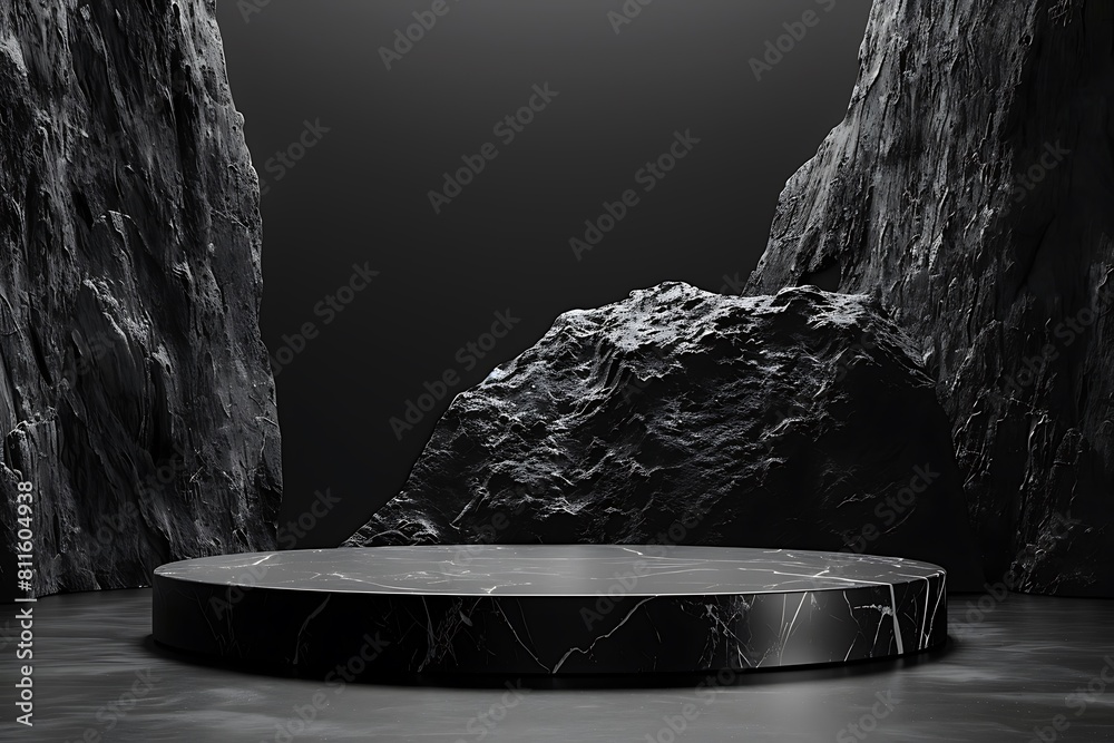 Black podium stone background rock product display 3d dark stand ...