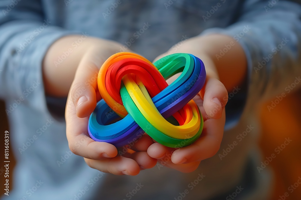 Boy hands holding autism infinity rainbow symbol sign. World autism ...