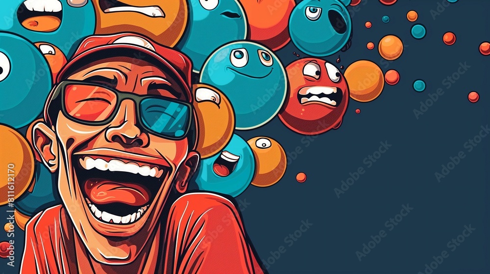 Colorful Vector Illustration Of Happy Man Surrounded By Emoticons