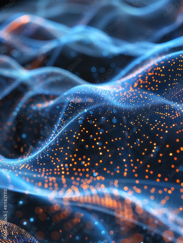 Abstract digital topology of a 3D mesh network in blue and orange ...