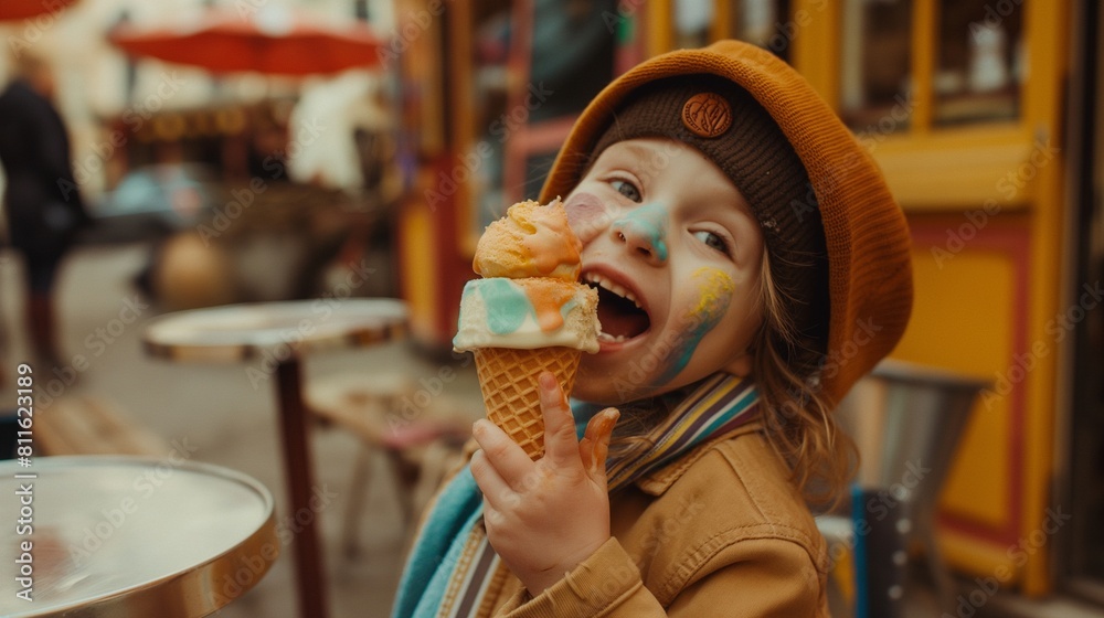 A child with a mischievous grin devouring an ice cream cone with gusto ...