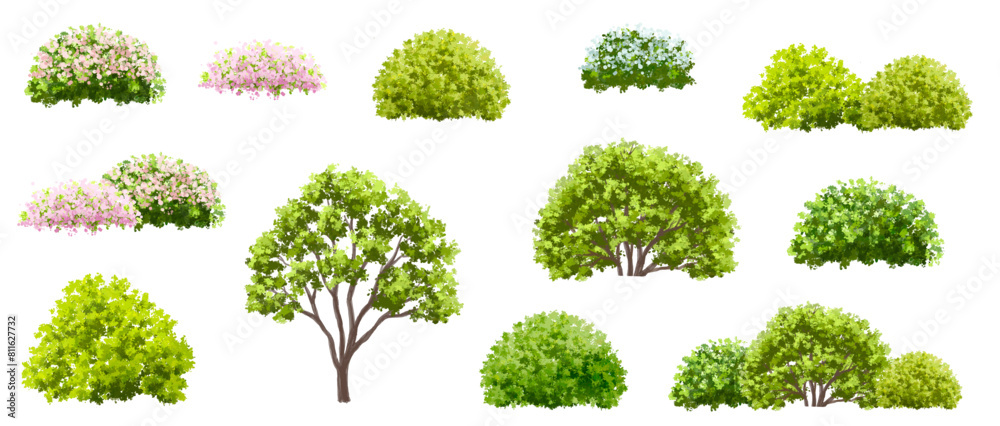 Vector watercolor blooming flower tree or forest side view isolated on ...