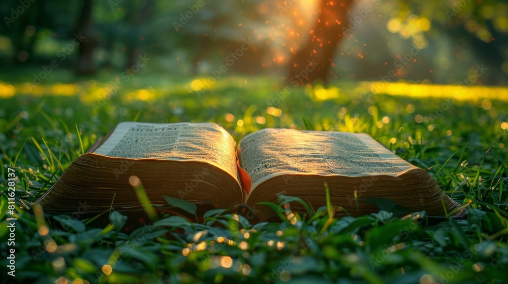 A Bible book is open and placed on the green grass, with the sun ...