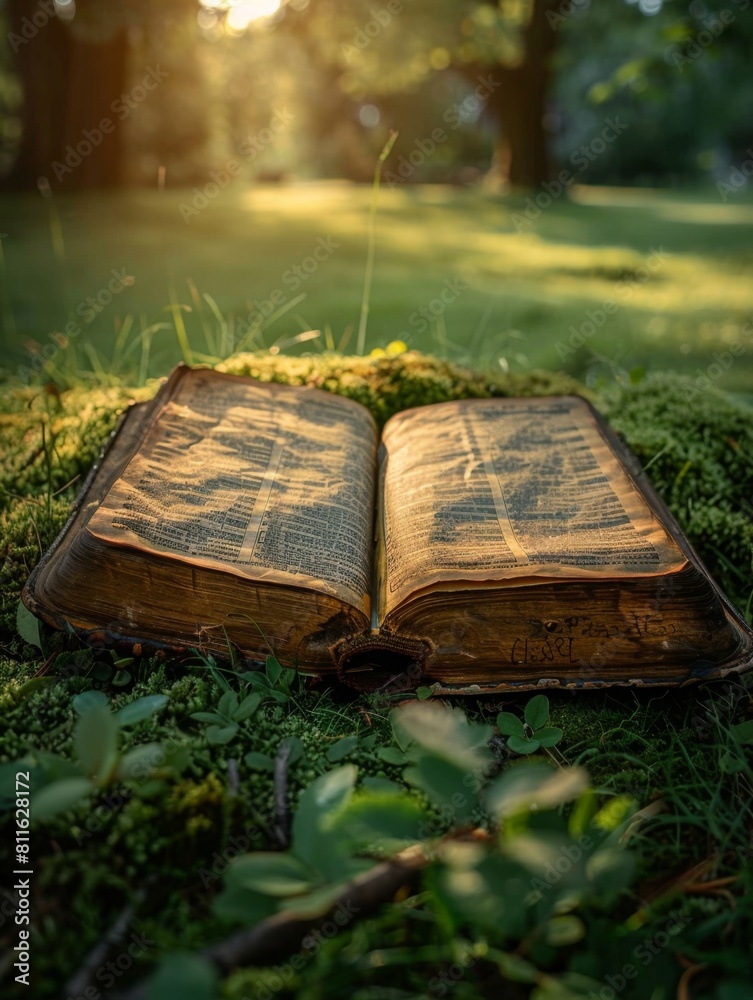 A Bible book is open and placed on the green grass, with the sun ...