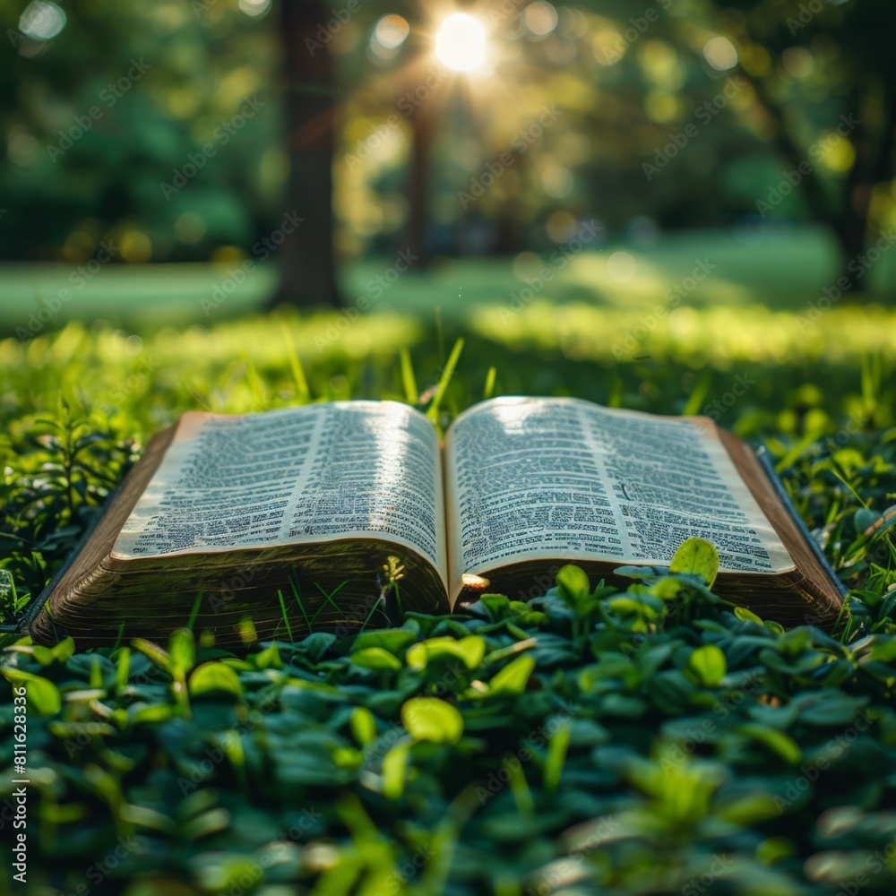 A Bible book is open and placed on the green grass, with the sun ...