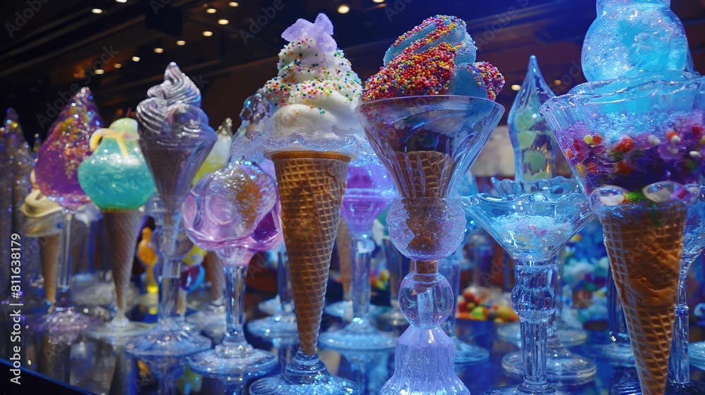 Crystal-clear ice cream cones adorned with sprinkles and toppings, each ...