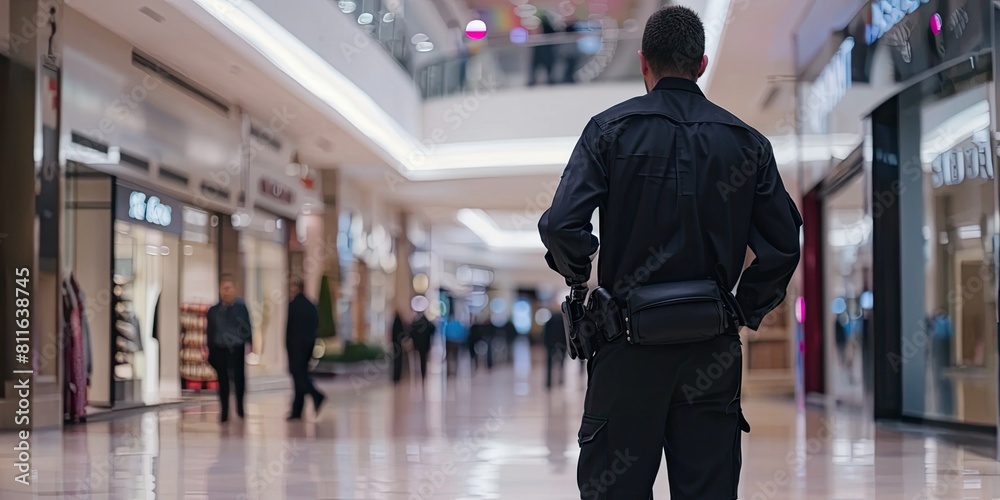 Mall security monitoring. Security guard in black uniform patrolling a ... Mall security monitoring. Security guard in black uniform patrolling a ...