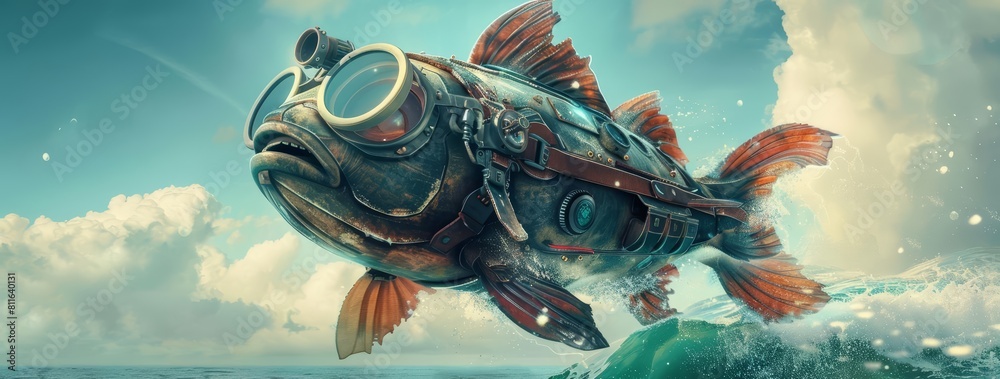 Amazing of a flying fish wearing aviator goggles and a leather bomber ...