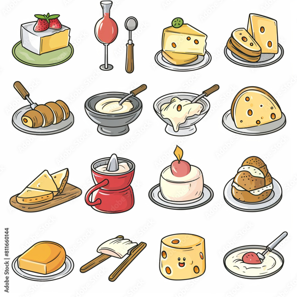 Colorful vector icon set of Swiss cheese fondue in simple shapes with a ...