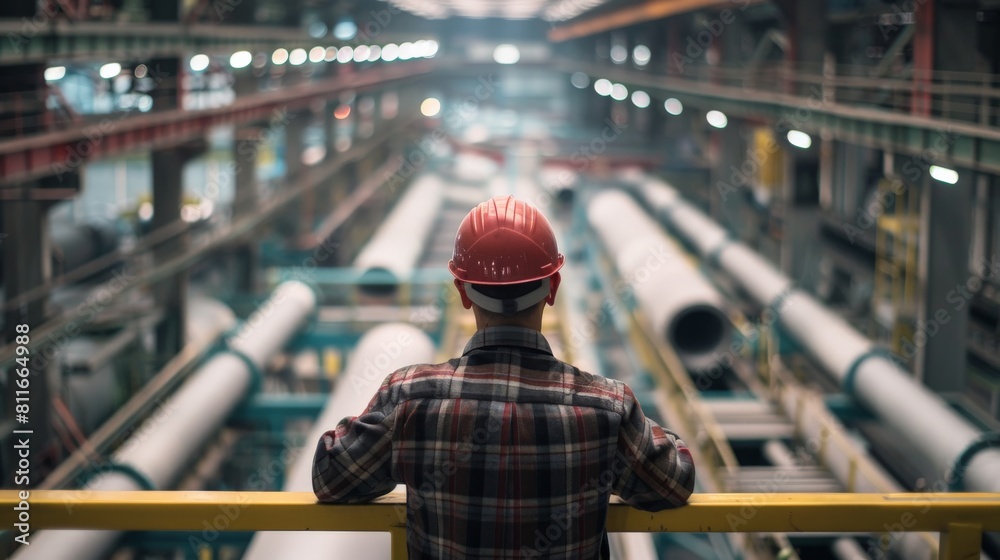 Looking out over the factory floor, the engineer is proud of his work ...