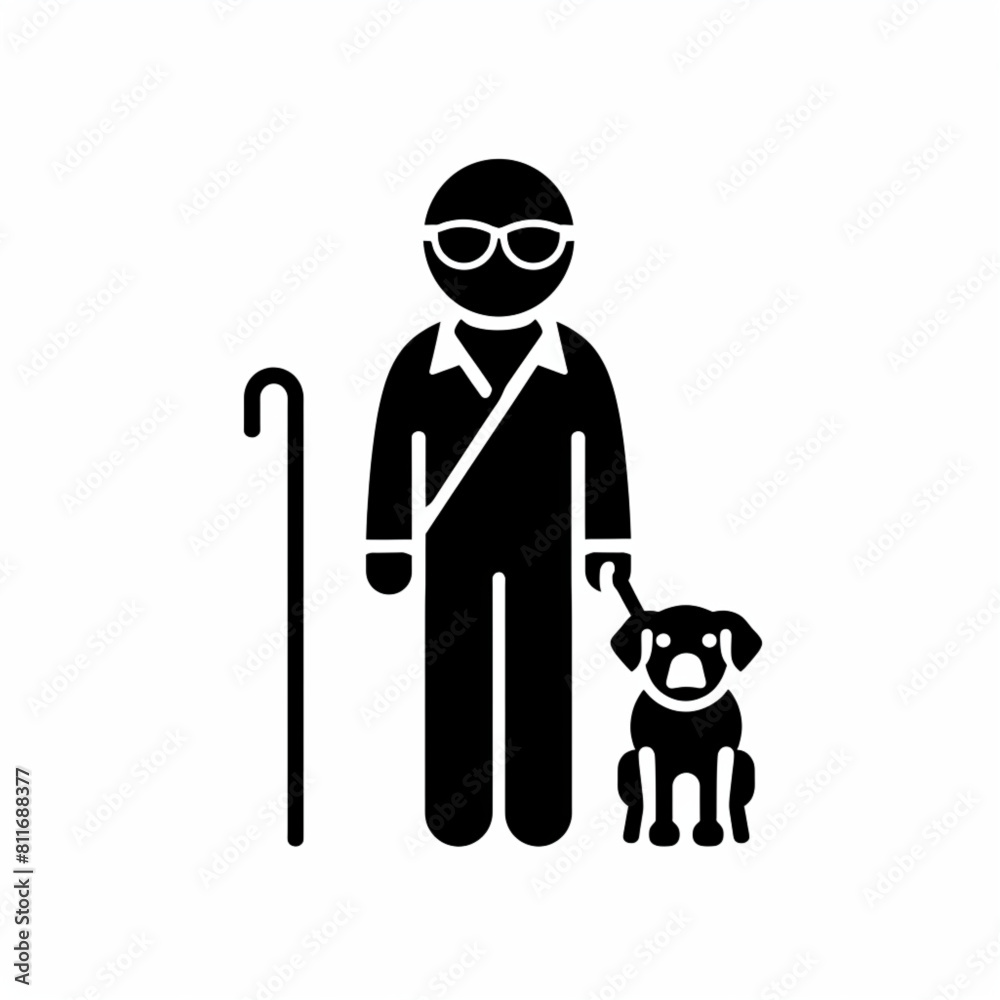 simple minimalistic black and white icon of blind person with walking ...