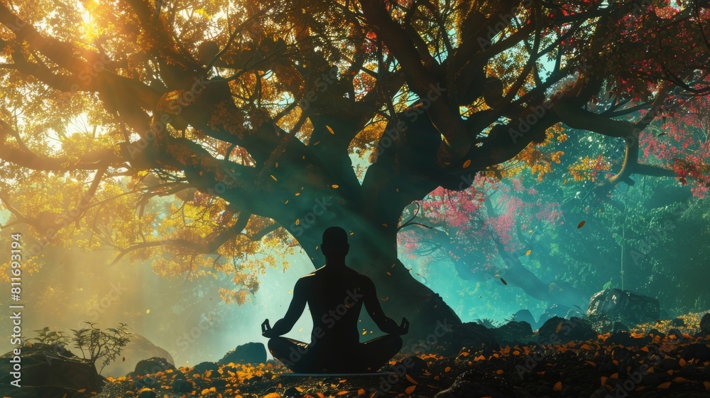 vibrant and colorful A silhouette of a person meditating under a Bodhi ...
