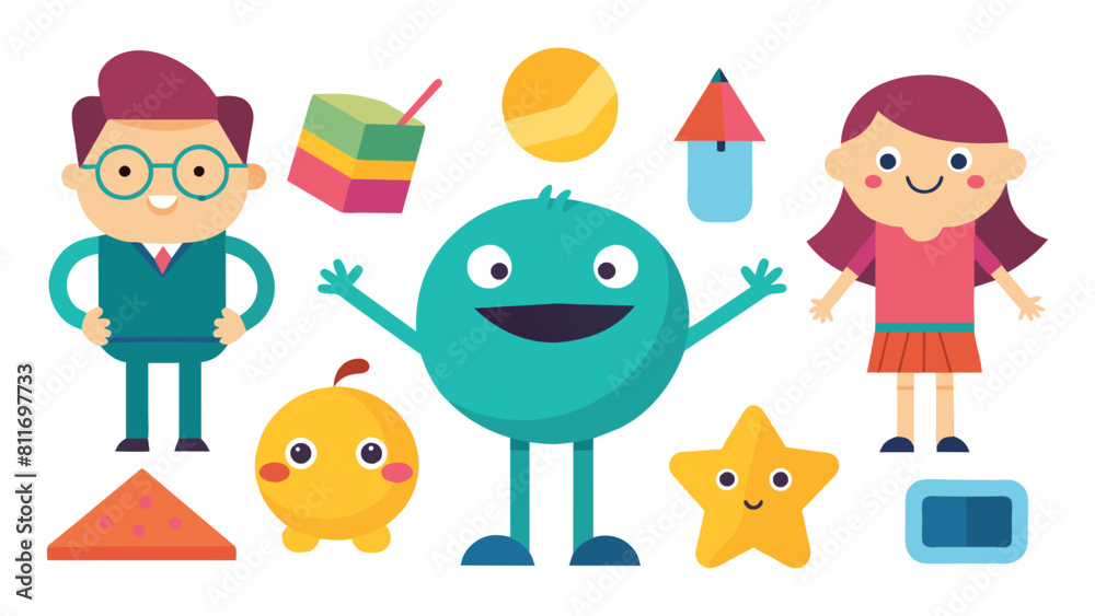 Cartoon kids shape with smile face. Geometric mascot figure with leg ...