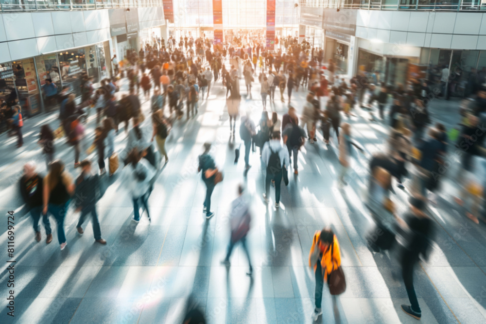 Dynamic bustling crowd of people walking around a convention hall at a ...