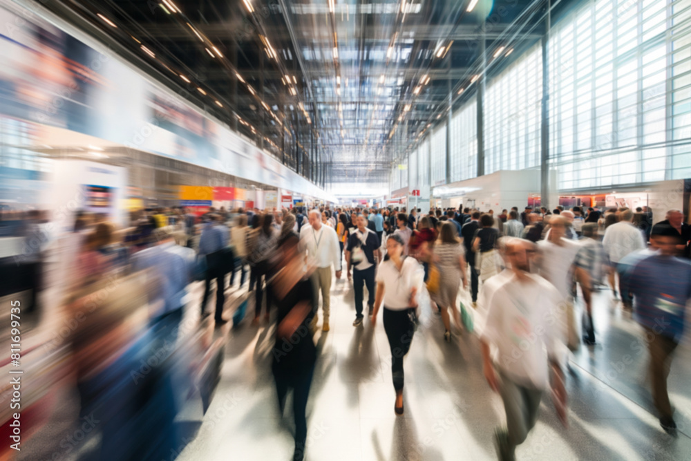 Dynamic bustling crowd of people walking around a convention hall at a ...