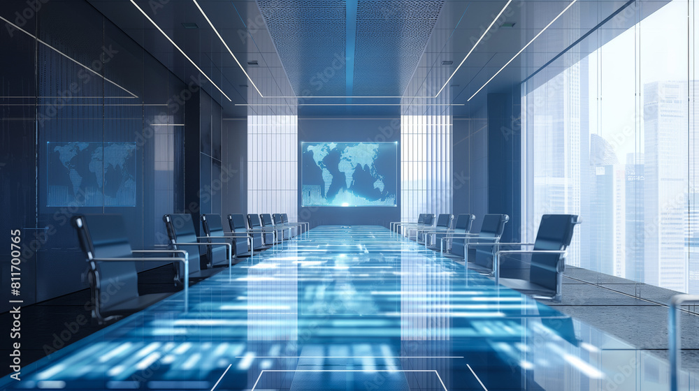 A minimalist conference room with a long, transparent table filled with ...