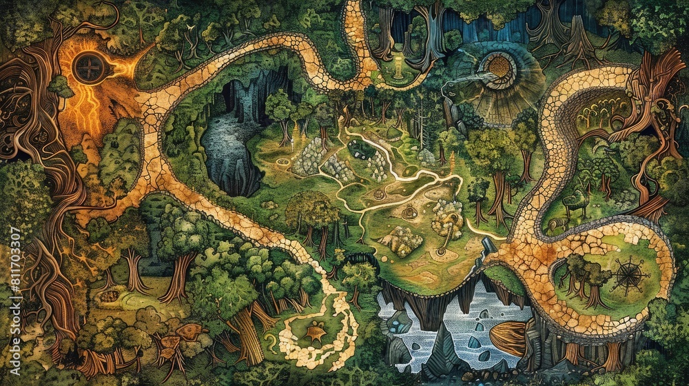 A detailed map of a fantastical forest with hidden paths leading to the ...