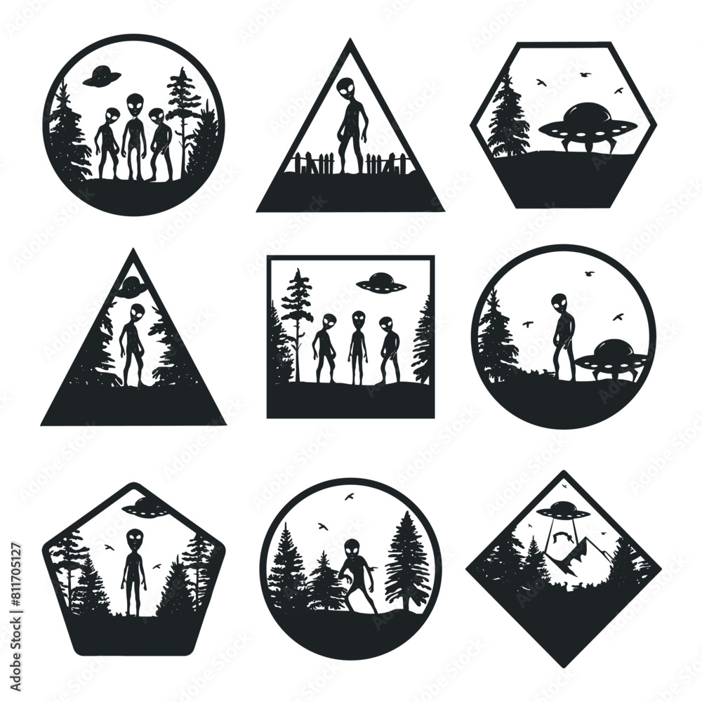 mountain landscape with spaceship kidnapping vector silhouette ...