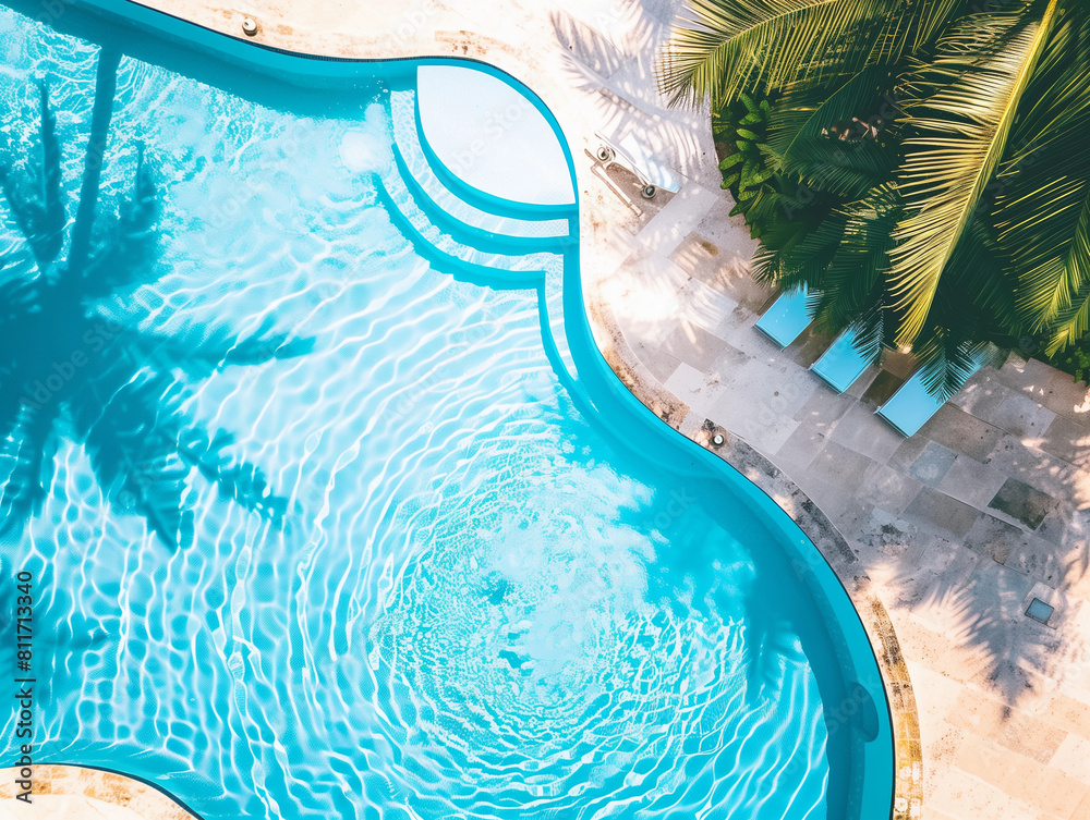 Aerial above drone view blue tropical hotel resort curve swimming pool ...