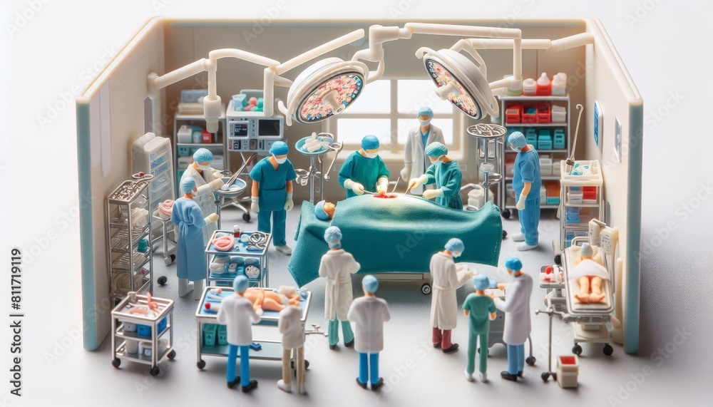 Miniature figures depicting a scene in the surgical room and intensive ...