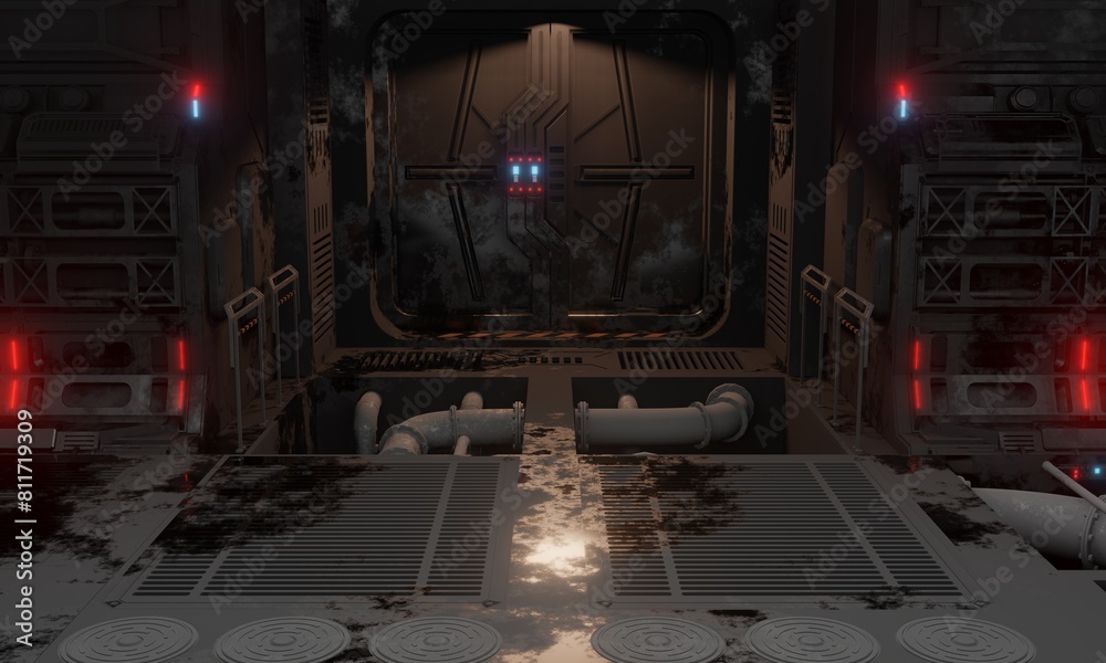 Main door with pipe line in dark scene 3d rendering science fiction ...
