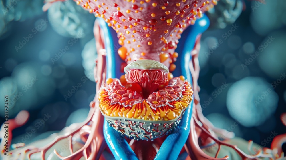 The image shows a 3D rendering of a human throat. The epiglottis is ...