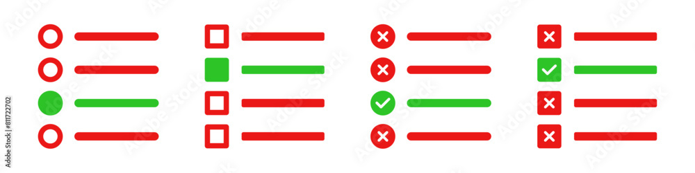 Tick the correct option quiz vector illustration with red cross and ...