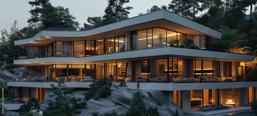 Big modern luxurious house on a complex terrain, a steep slope in front ...