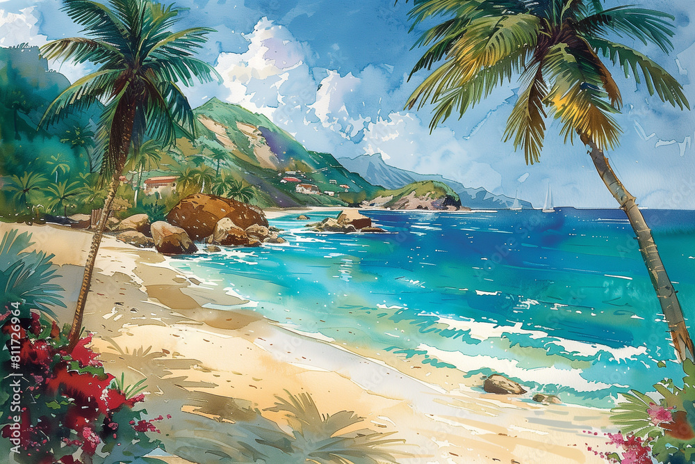 Summer tropical beach with golden sand and wave. Hand drawn watercolor ...