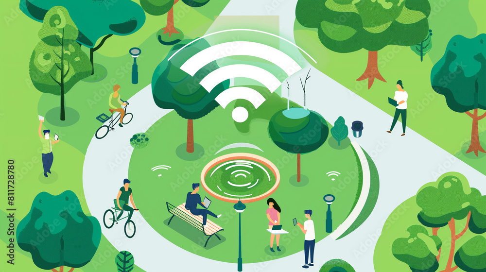 Public Park with Wi-Fi Connectivity Symbol, Illustrating Urban Wireless ...