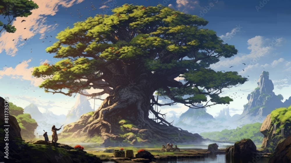 Digital art of fantasy landscape with giant tree and figure by the ...