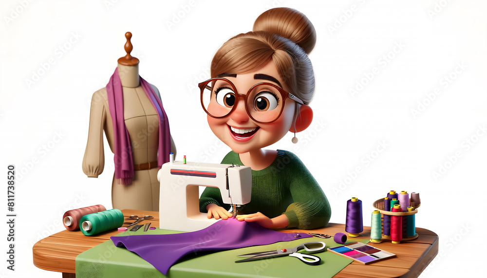 3D Caricature of a Cheerful Female Seamstress: Working on Sewing ...