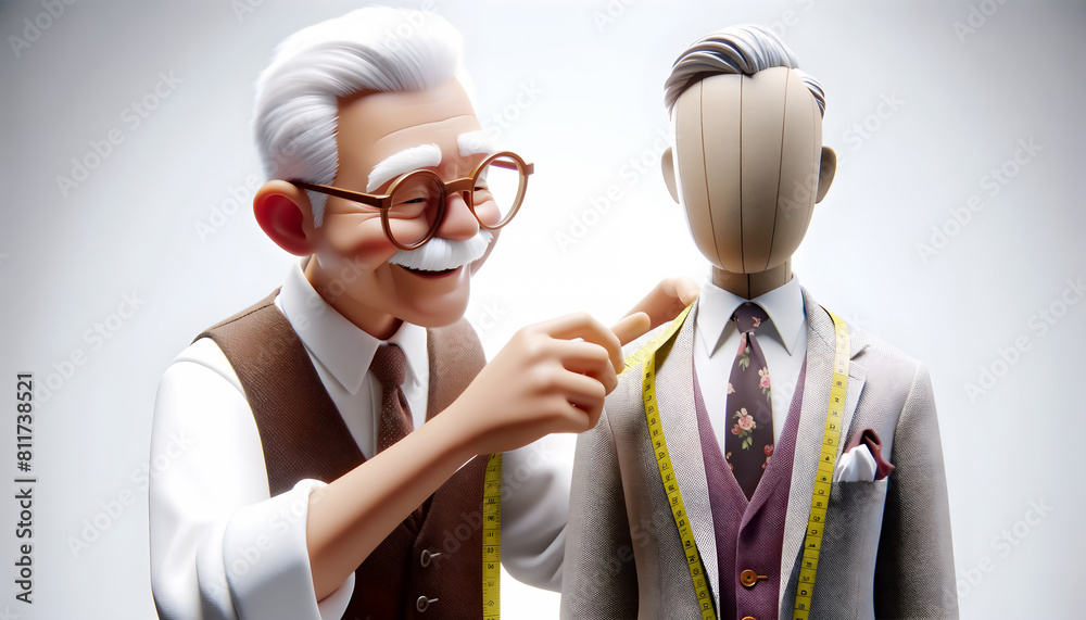 Elderly Male Tailor 3D Caricature: Measuring Clothes Illustration, 3D ...