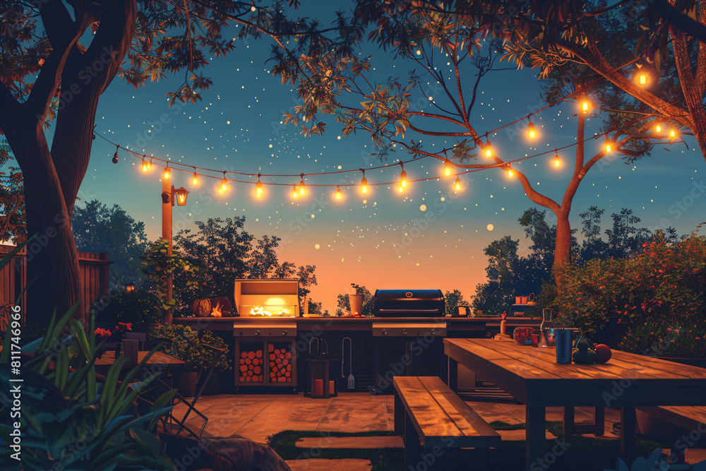 Outdoor backyard BBQ party setups. Digital illustrations of evening ...
