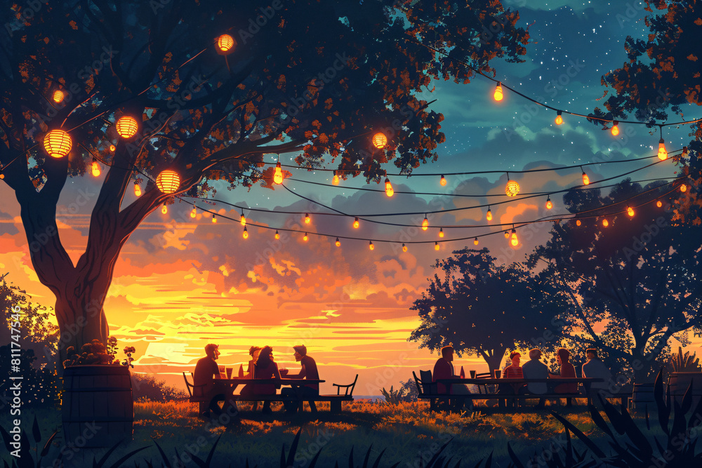 Outdoor backyard BBQ party setups. Digital illustrations of evening ...
