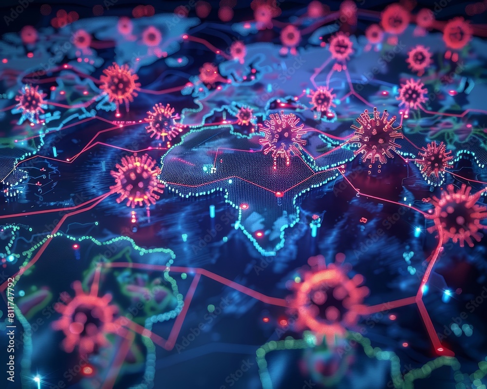 Visualization of a global pandemic map showing the spread of a virus ...