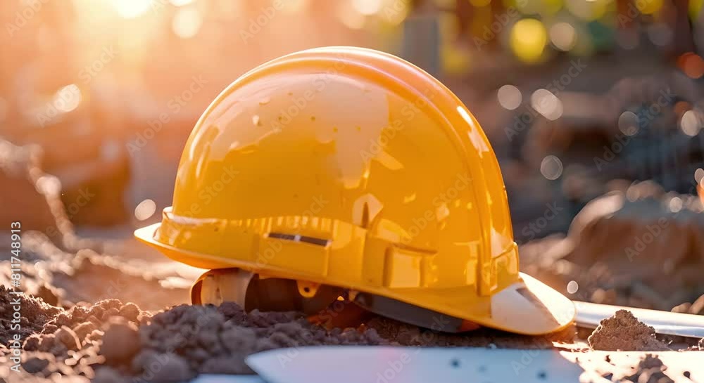 Design of a yellow safety helmet at a construction site with sunlight ...