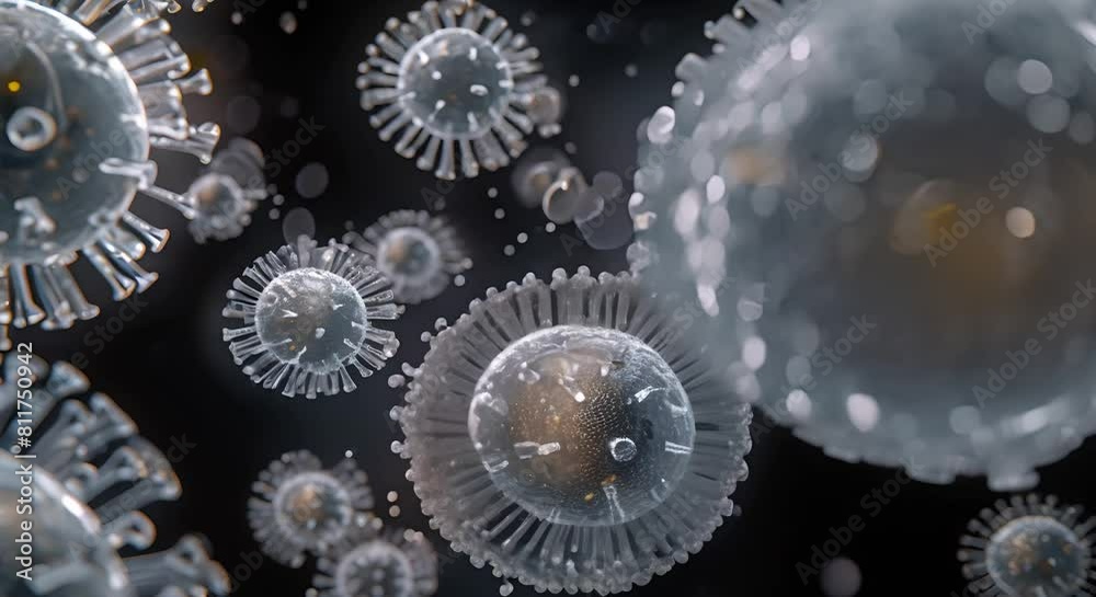 Closeup of herpes virus cells under microscope on black background ...