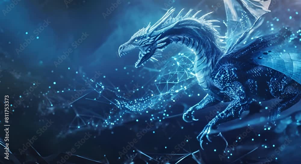 Abstract flying dragon on dark blue background symbolizing artificial ...