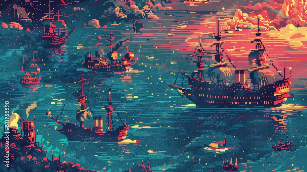 The image shows a large fleet of ships engaged in a naval battle. The ...