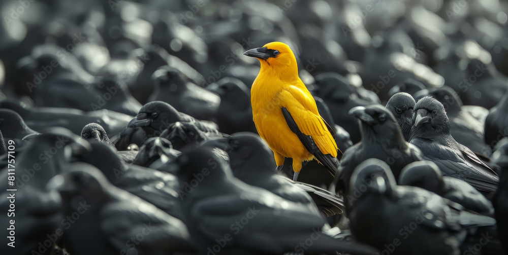 Crow of yellow color alone among black crows symbolizes standing out as ...
