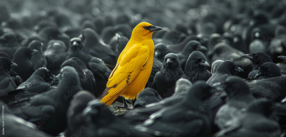 Crow of yellow color alone among black crows symbolizes standing out as ...