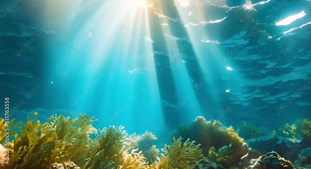 Stunning photo sunlight shines through blue ocean illuminating swaying seaweed. Concept Outdoor ...