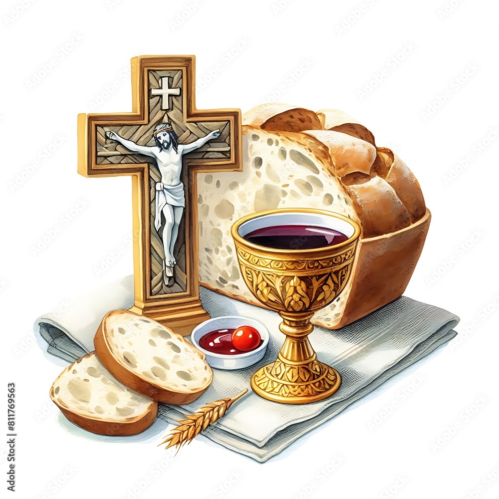 Watercolor Illustration Depicting a Cup and Bread, Inspired by Catholic ...