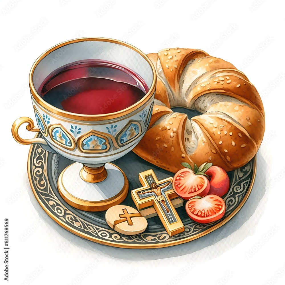 Watercolor Illustration Depicting a Cup and Bread, Inspired by Catholic ...