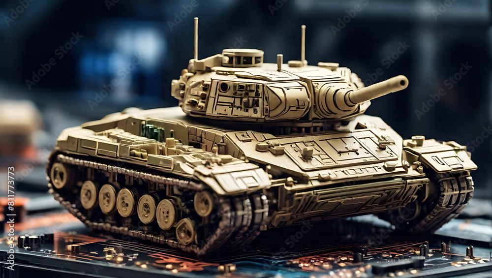 Closeup of a military tank model on a computer motherboard, AI taking ...