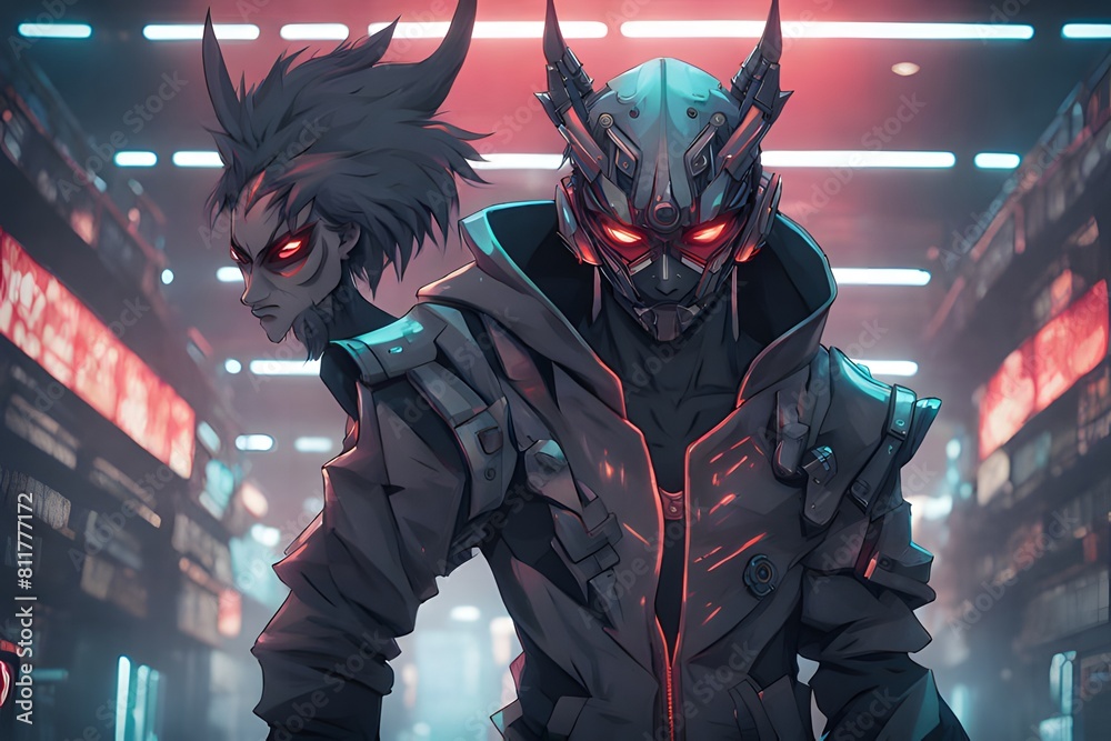 Tech-savvy cyberpunk anime lad wearing an iconic oni mask Stock ...
