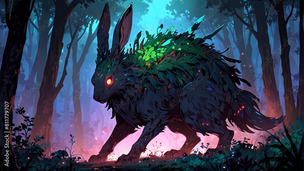 Illustration of a monstrous terrifying rabbit-like creature, dark magic ...